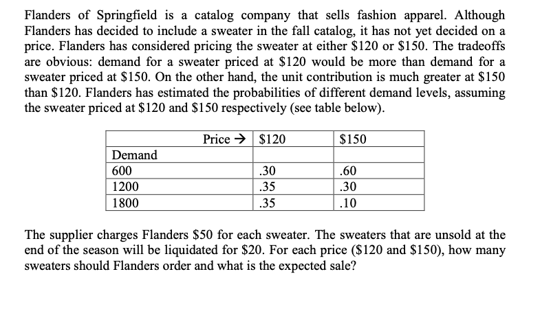Flanders of Springfield is a catalog company that | Chegg.com