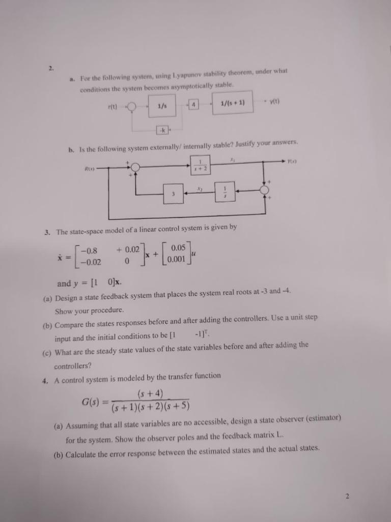 2. a. For the following system, using Lyapunov | Chegg.com