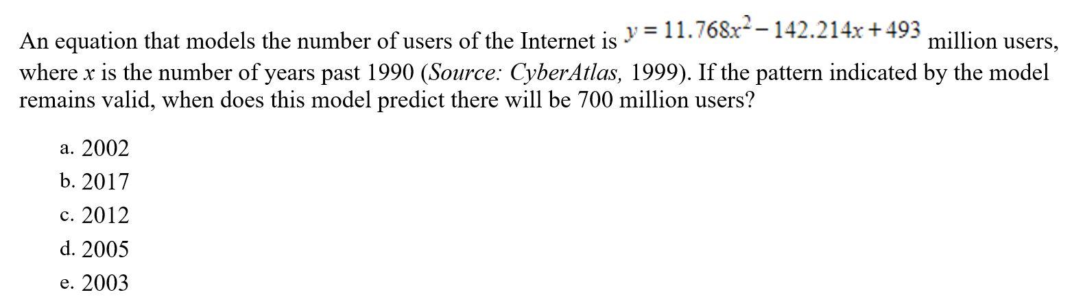 Solved An equation that models the number of users of the | Chegg.com