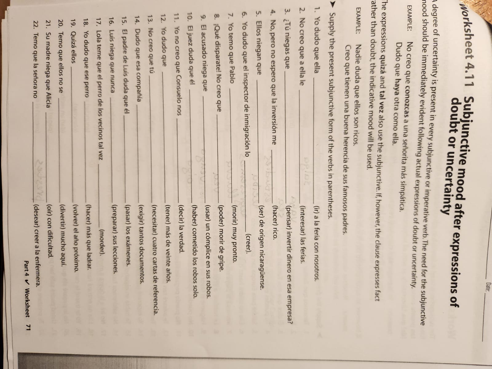 Worksheet 4 11 Subjunctive Mood After Expressions Of