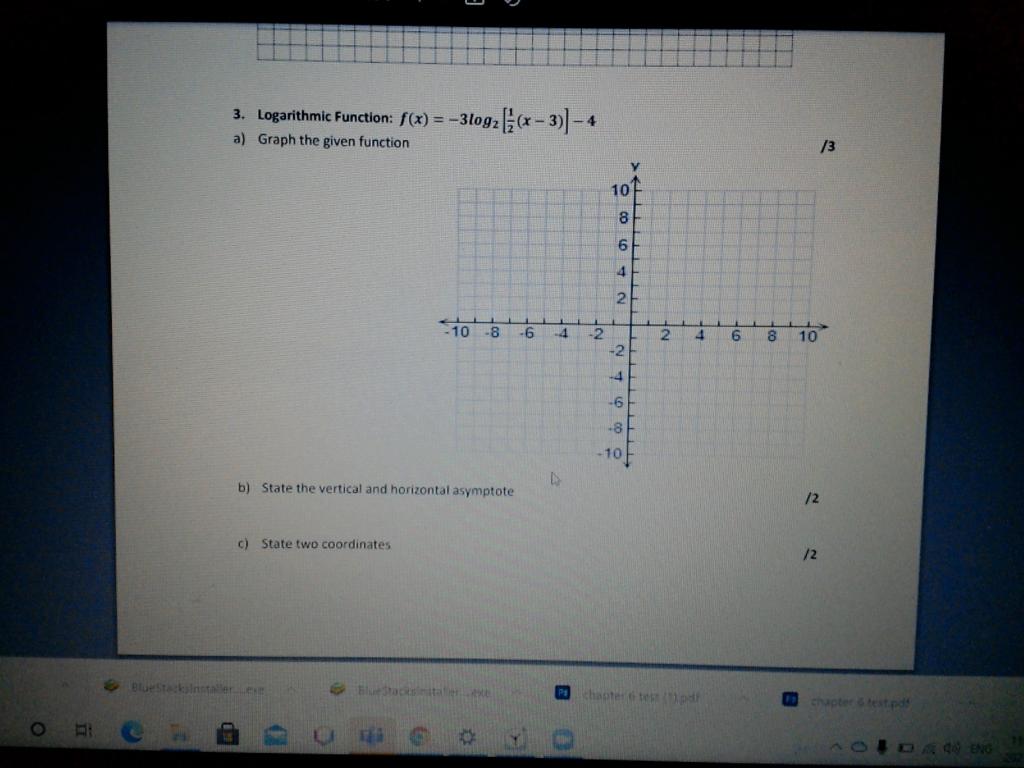 Solved 3. Logarithmic Function: f(x) =-3log2 [{(x - 3)) - 4 | Chegg.com