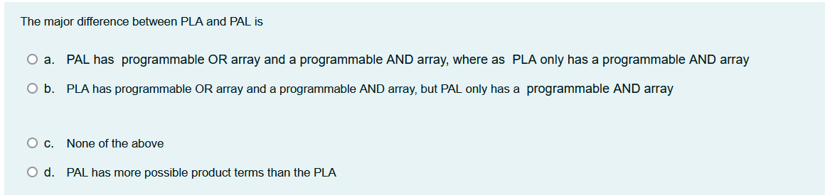 Solved The major difference between PLA and PAL is a. PAL | Chegg.com