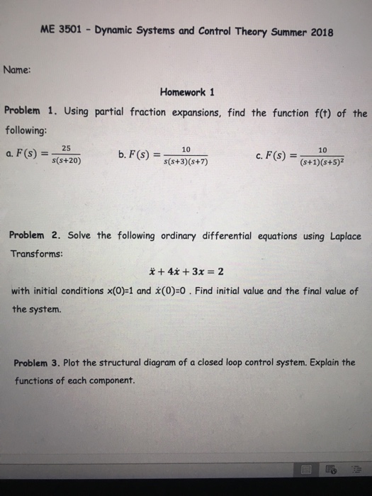 Solved ME 3501 - Dynamic Systems and Control Theory Summer | Chegg.com