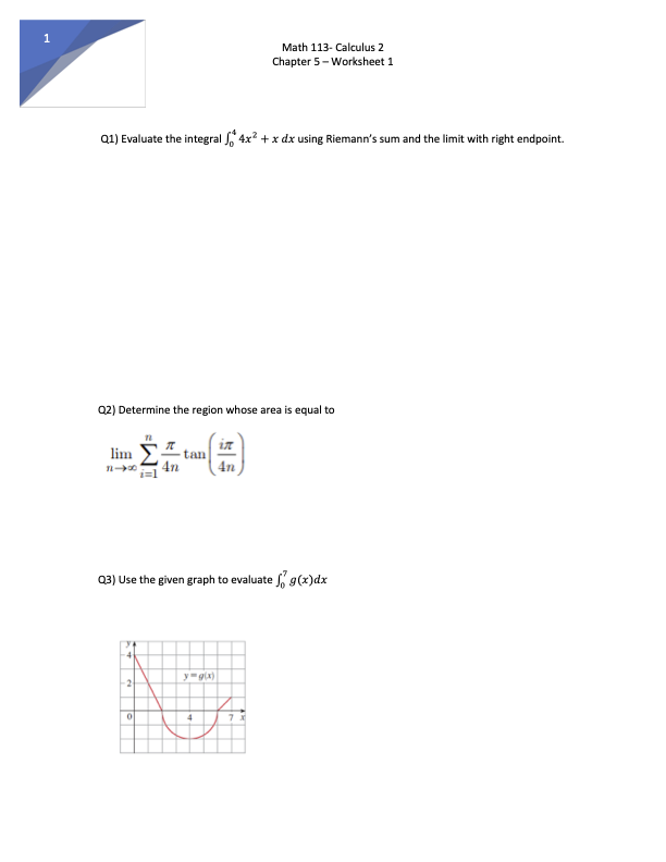 Solved Math 113- Calculus 2 Chapter 5 - Worksheet 1 Q1) | Chegg.com