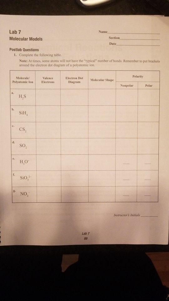 Solved Lab 7 Molecular Models Name Section Date Postlab | Chegg.com
