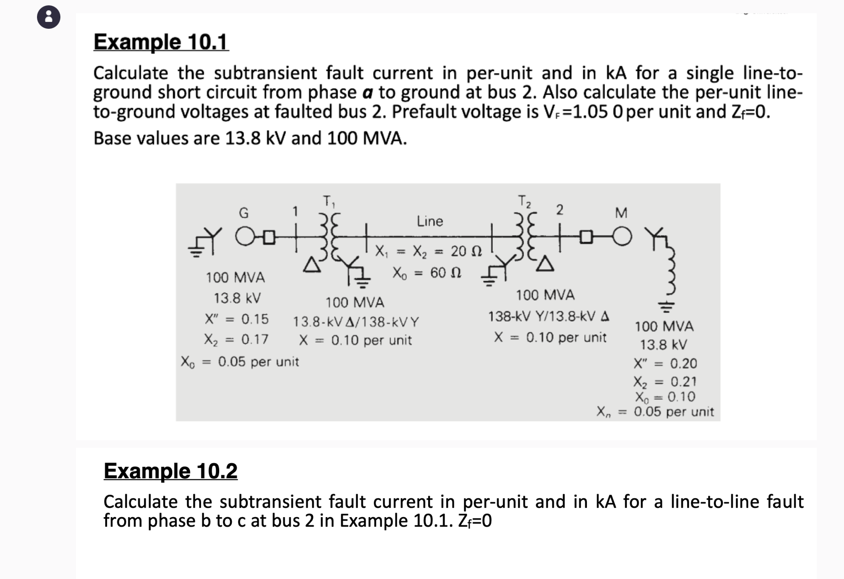 Solved Example 10.2Calculate the subtransient fault current | Chegg.com
