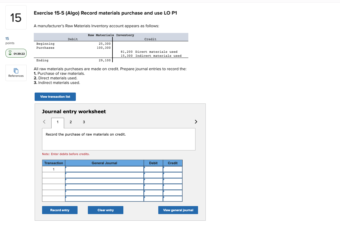 Solved Exercise 15-5 (Algo) Record materials purchase and | Chegg.com