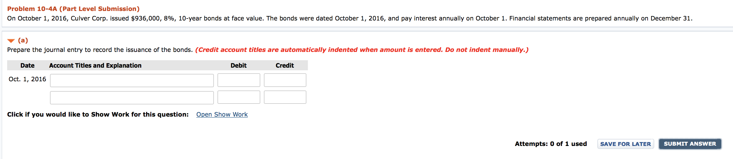 Solved Problem 10-4A (Part Level Submission) On October 1, | Chegg.com