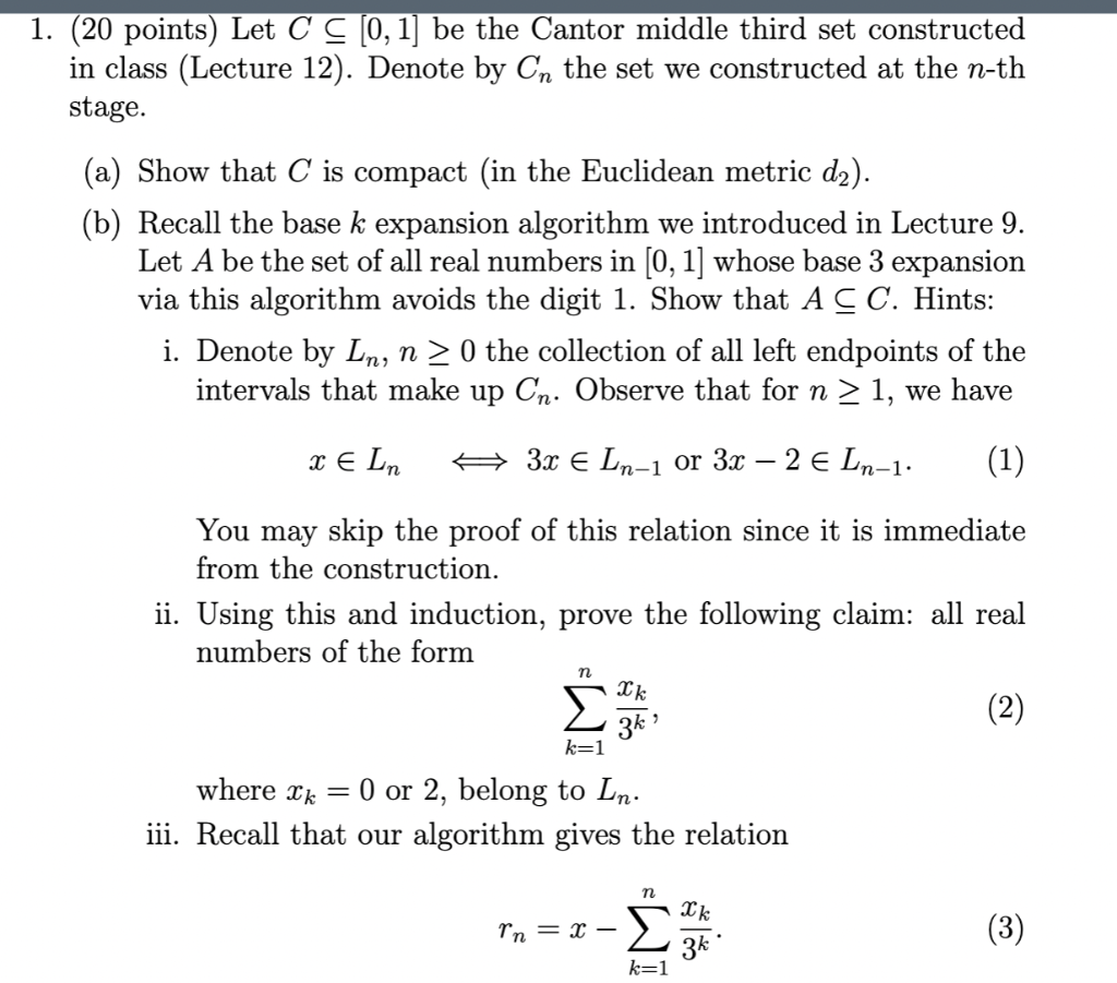 20 points) Let C⊆[0,1] be the Cantor middle third set | Chegg.com
