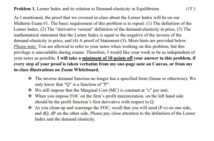 Solved Problem 1. Lerner Index and its relation to | Chegg.com
