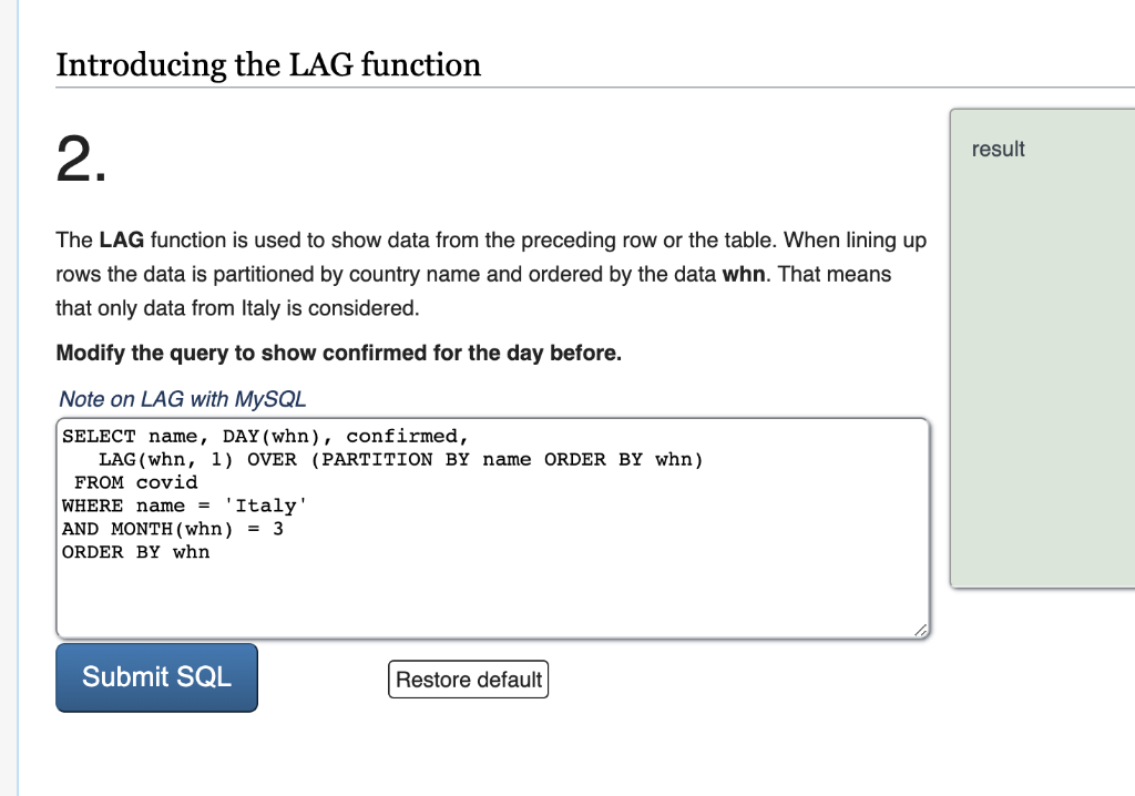 Introducing the LAG function 2. result The LAG | Chegg.com