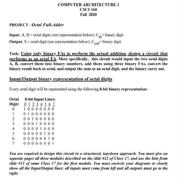 COMPUTER ARCHITECTURE 1 CSCI 160 Fall 2020 PROJECT - | Chegg.com