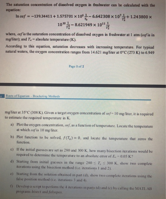 The saturation concentration of dissolved oxygen in | Chegg.com
