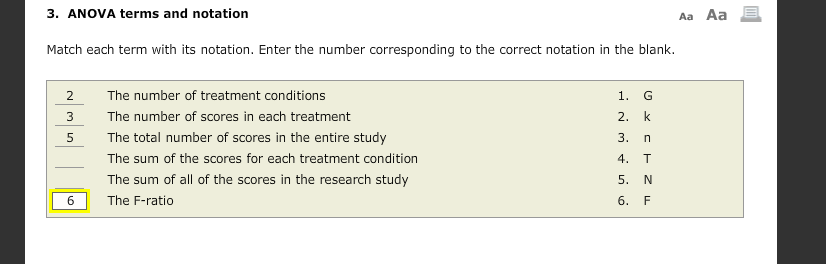 Solved 3. ANOVA terms and notation Aa Aa Match each term | Chegg.com