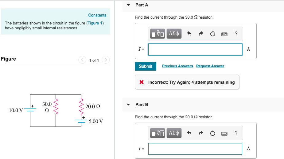 Solved Part A Constants Find The Current Through The 30 0 Ω