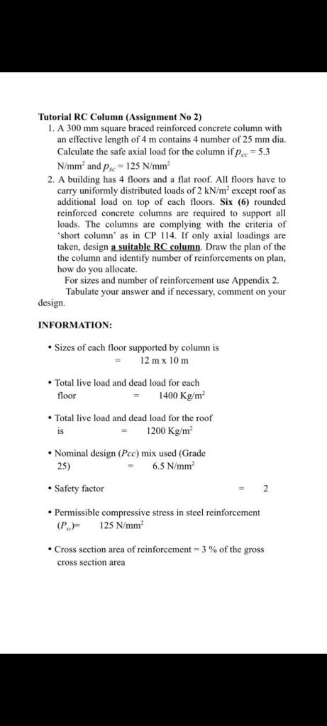 Tutorial RC Column (Assignment No 2) 1. A 300 mm | Chegg.com