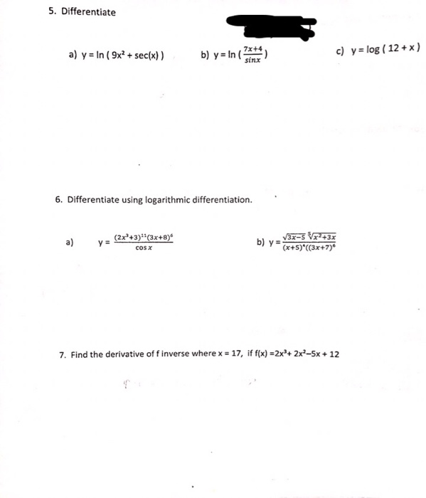 Solved Differentiate a) y = ln(9x^2 + sec(x)) b) y = ln(7x | Chegg.com