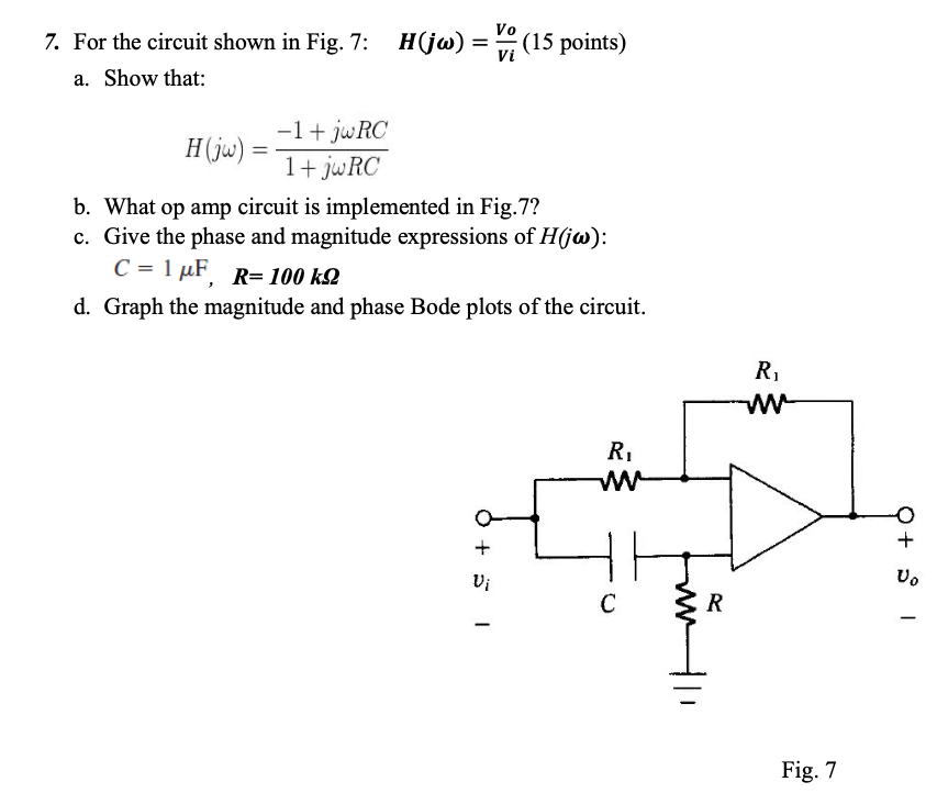 Solved 7. For the circuit shown in Fig. 7: H(jw) = Wi (15 | Chegg.com