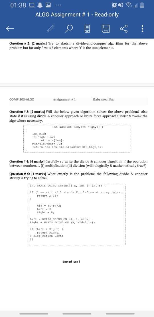 Solved 01:38 D ALGO Assignment # 1 - Read-only Question # 2: | Chegg.com