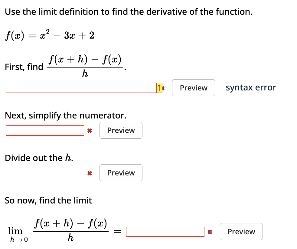 Solved Use the limit definition to find the derivative of | Chegg.com