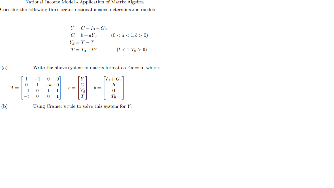 Solved National Income Model - Application of Matrix Algebra | Chegg.com