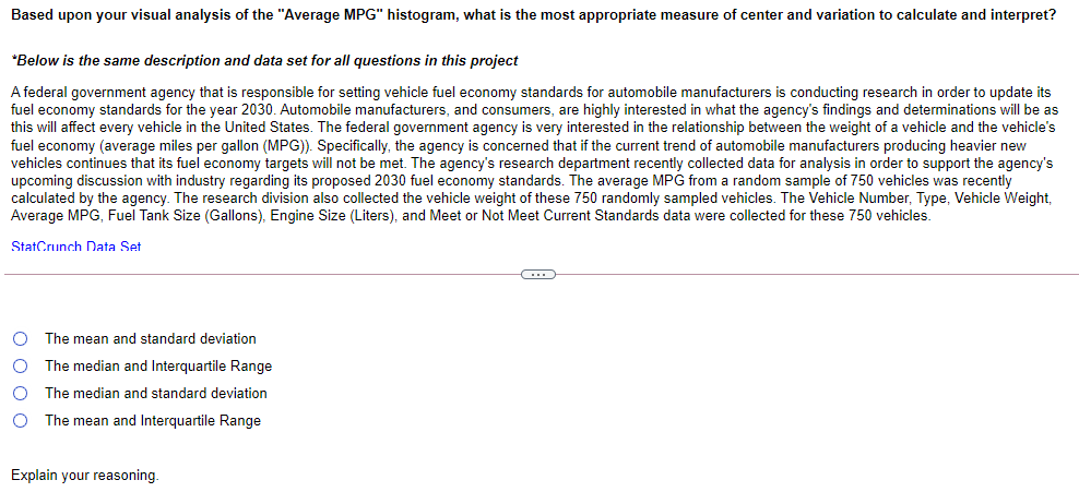 Solved Based upon your visual analysis of the "Average MPG" | Chegg.com