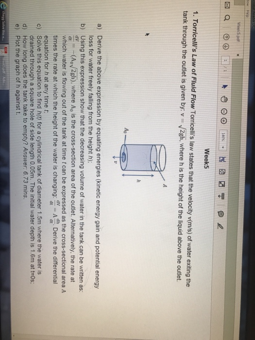 Torricelli's Law of Fluid Flow Torricelli's law | Chegg.com