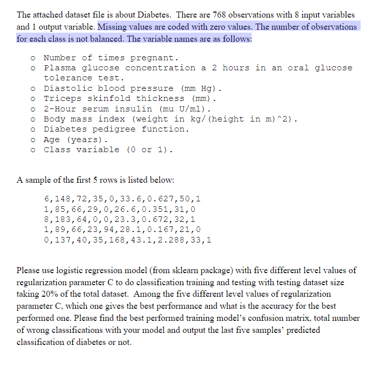The attached dataset file is about Diabetes. There | Chegg.com