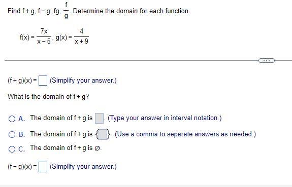 Solved Find f+g,f−g,fg,gf. Determine the domain for each | Chegg.com