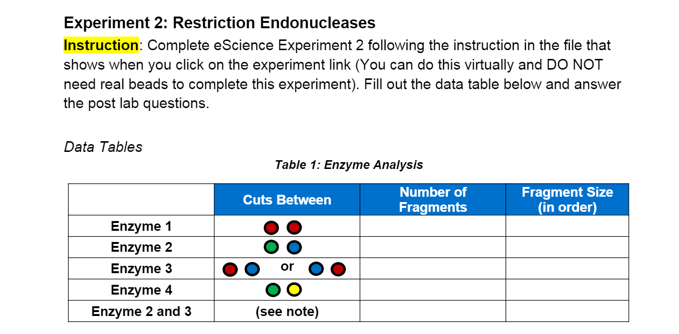 Experiment 2: Restriction Endonucleases Instruction: | Chegg.com