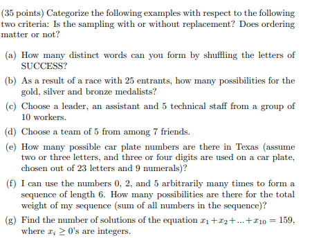 Solved (35 points) Categorize the following examples with | Chegg.com