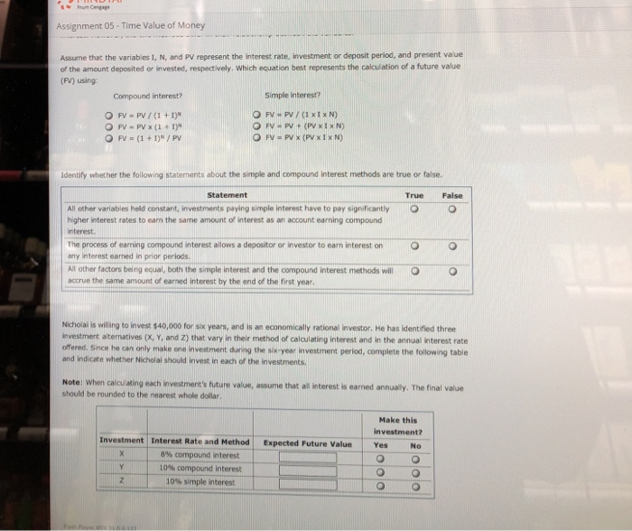 Solved Assignment 05-Time Value of Money The process for | Chegg.com