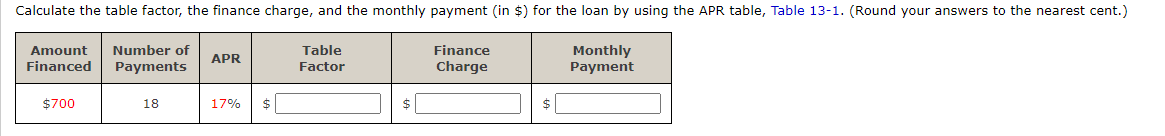 Solved Calculate the table factor, the finance charge, and | Chegg.com