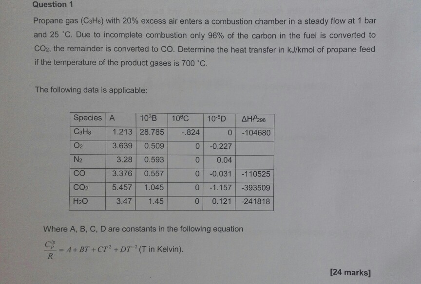 Solved Question 1 Propane gas (C3H8) with 20% excess air | Chegg.com