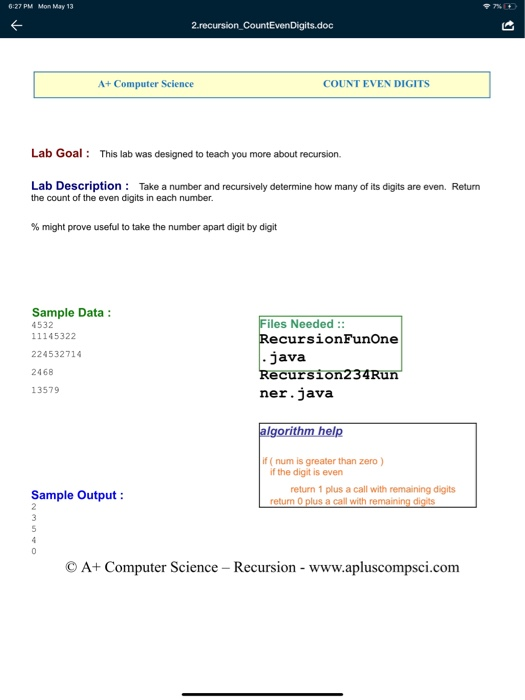 Solved :27 PM Mon May 13 A+ Computer Science COUNT EVEN | Chegg.com