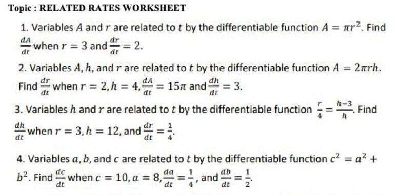 Solved dt dt Topic: RELATED RATES WORKSHEET 1. Variables A | Chegg.com