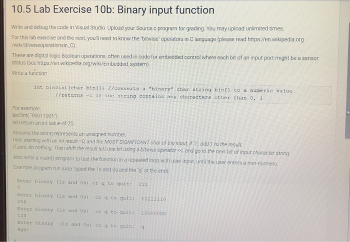 Solved 10.5 Lab Exercise 10b: Binary input function write | Chegg.com