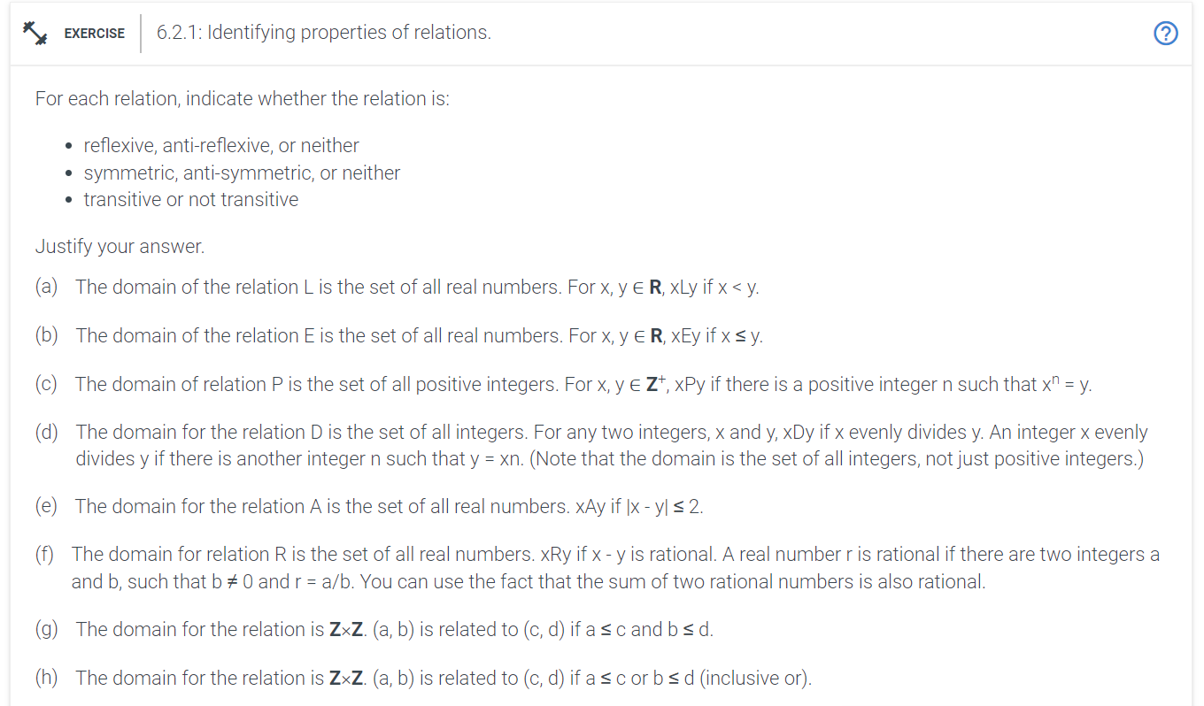 Solved EXERCISE 6.2.1: Identitying properties of relations. | Chegg.com