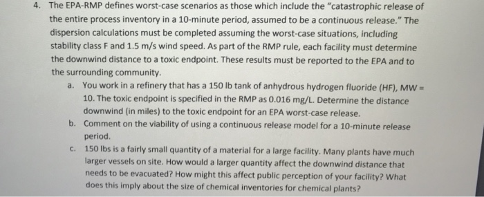4. The EPA-RMP defines worst-case scenarios as those | Chegg.com