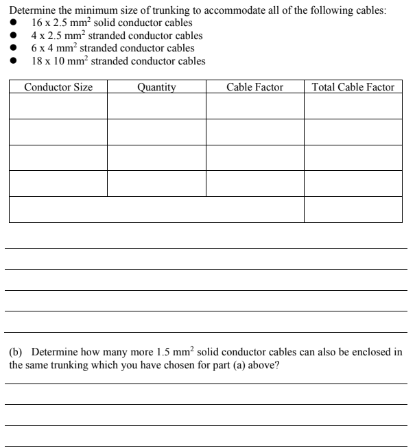 Solved a) Determine the minimum size of trunking to | Chegg.com