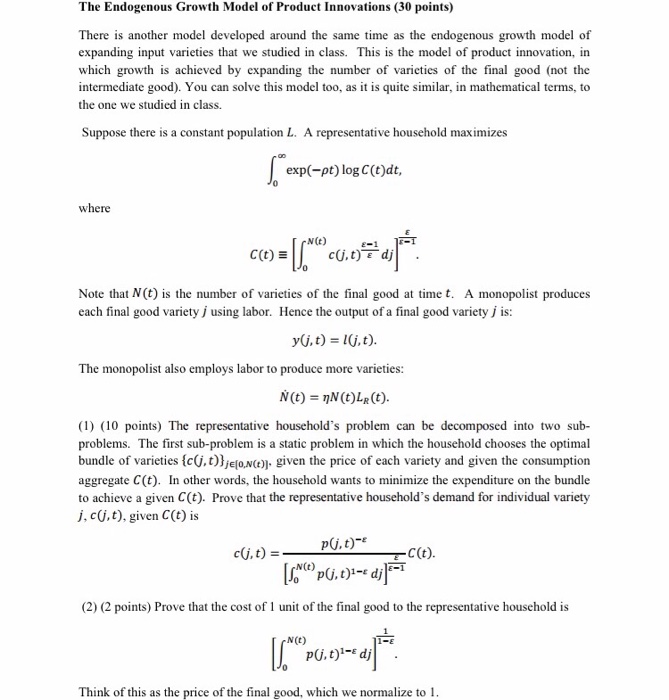 The Endogenous Growth Model of Product Innovations | Chegg.com