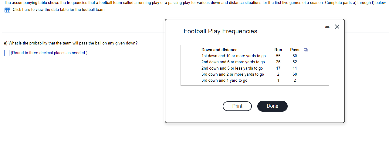 Solved Football Play Frequencies a) What is the probability | Chegg.com