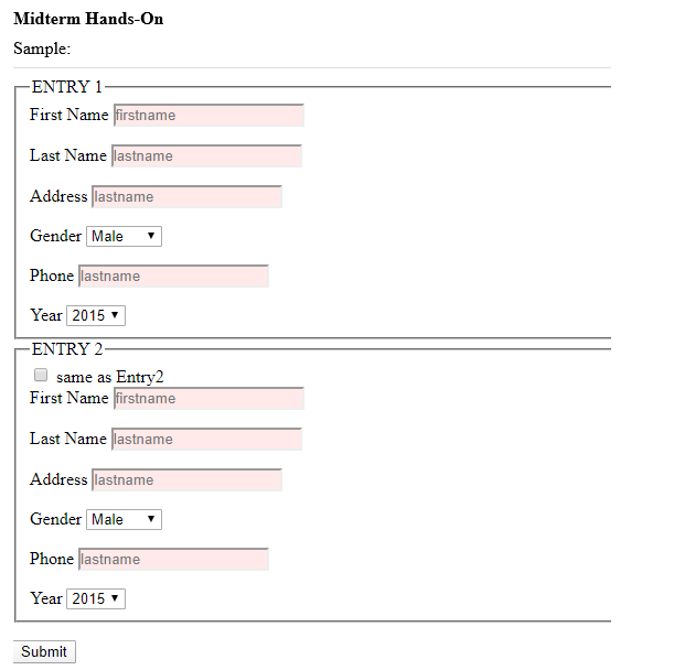Solved Midterm Hands-On Sample: ENTRY 1 First Name firstname | Chegg.com