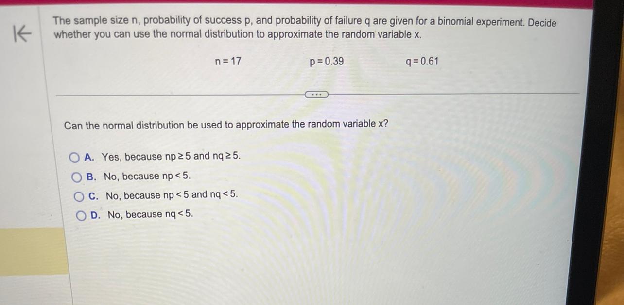 Solved The sample size n, probability of success p, and | Chegg.com