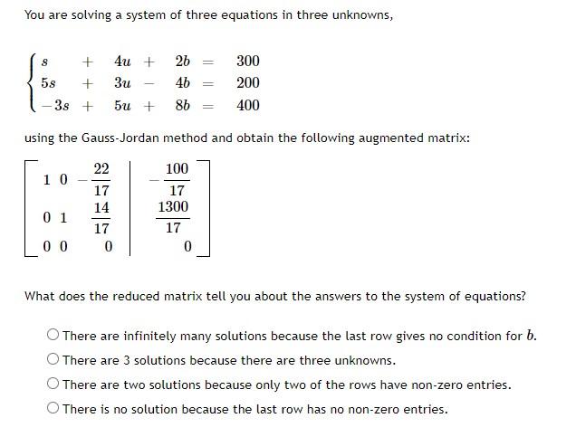 Solved You are solving a system of three equations in three | Chegg.com