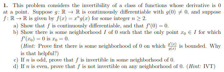 Solved invertible function theorem where the derivative is 0 | Chegg.com