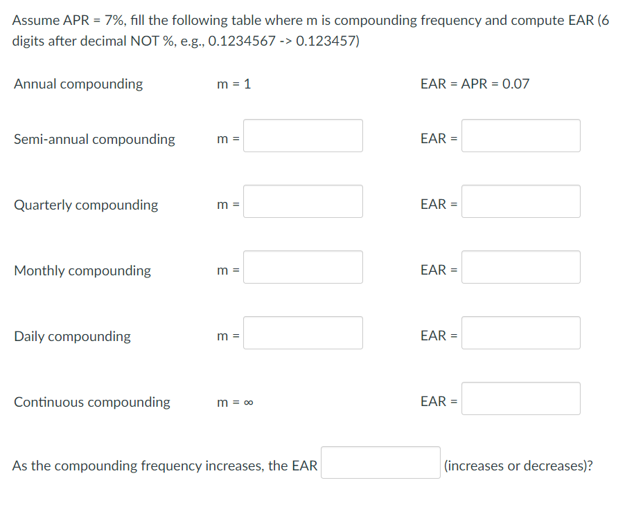 Solved Assume APR =7%, fill the following table where m is | Chegg.com