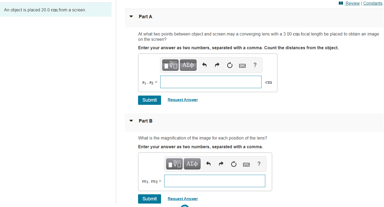 Solved 1 Review Constants An object is placed 20.0 cm from a | Chegg.com