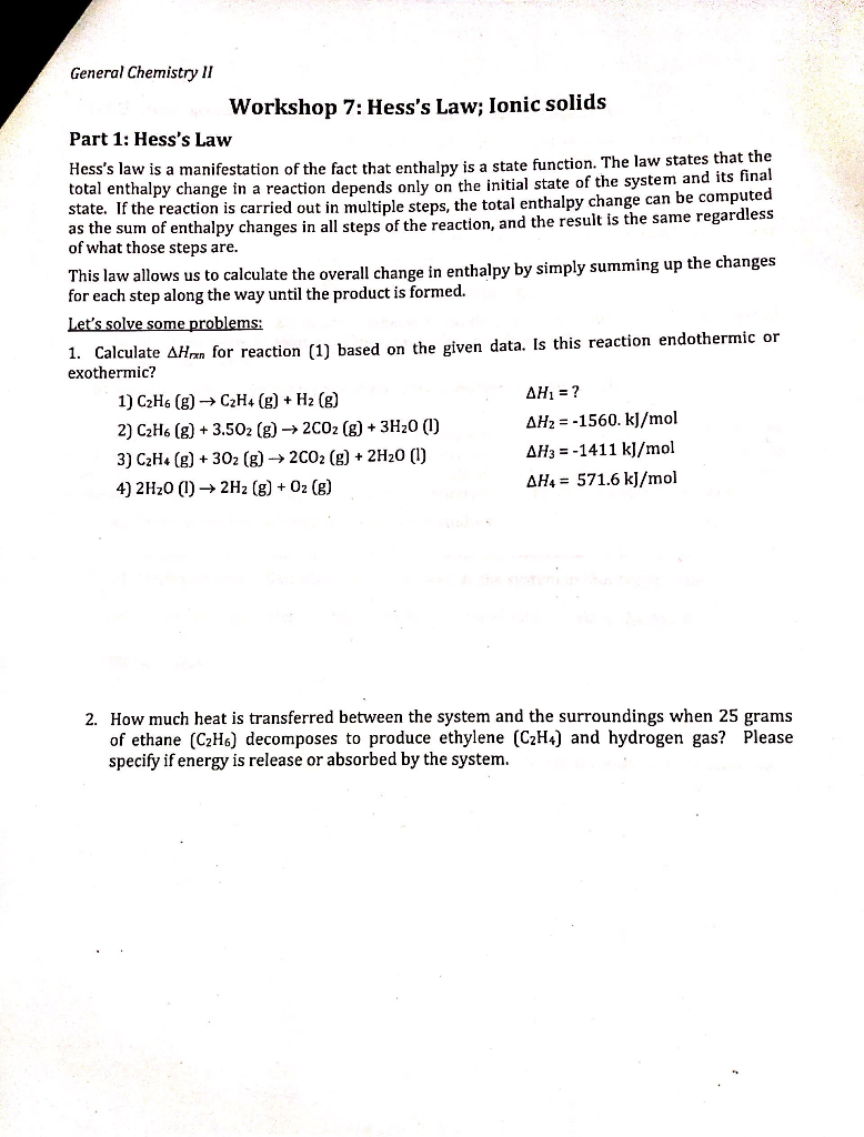 Solved General Chemistry II Workshop 7: Hess's Law; Ionic | Chegg.com