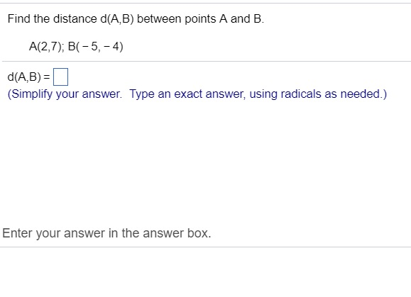 Solved Find the distance d(A,B) between points A and B. | Chegg.com